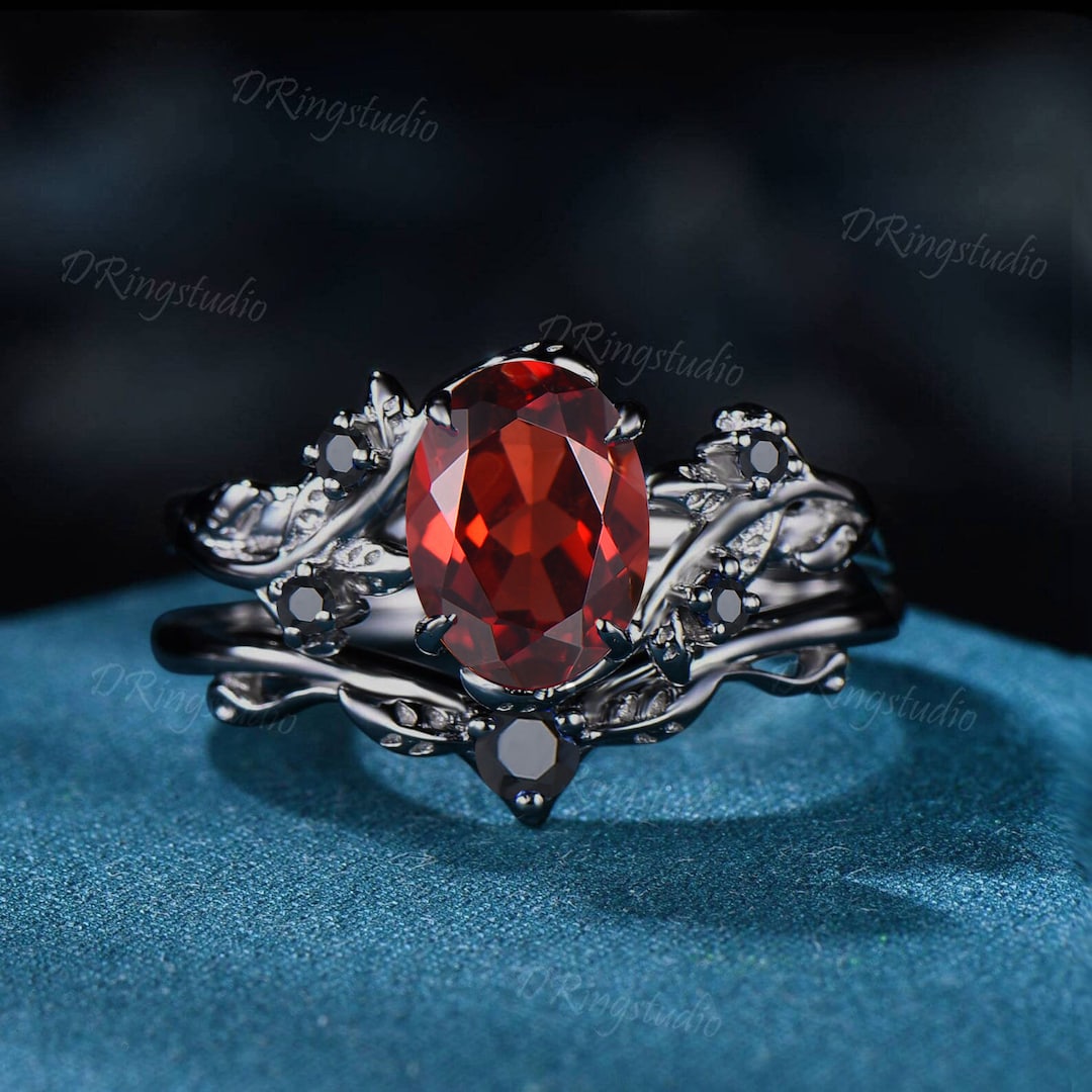 Black Gold Garnet Engagement Ring Nature Inspired Oval Garnet Black Spinel Bridal Set Leaf Vine ...
