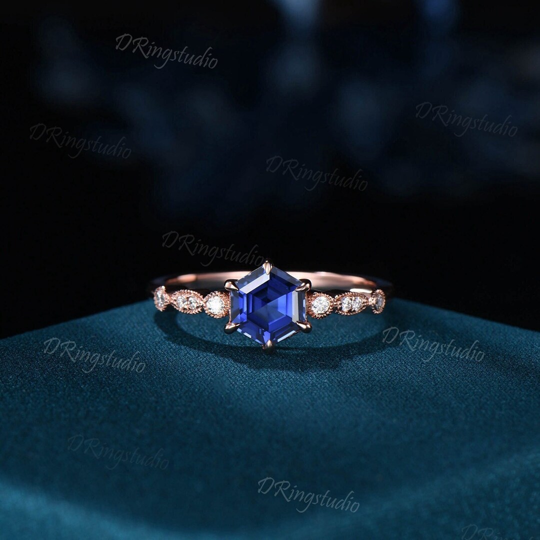 Unique Blue Sapphire Engagement Ring White Gold Vintage Women Wedding ...