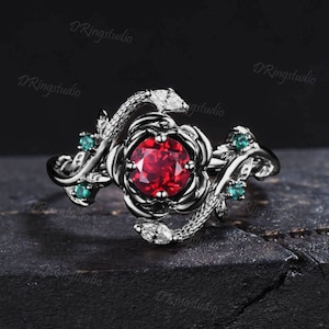 Gold Snake Engagement Ring Rose Flower Round Ruby Ring Dainty Serpent ...