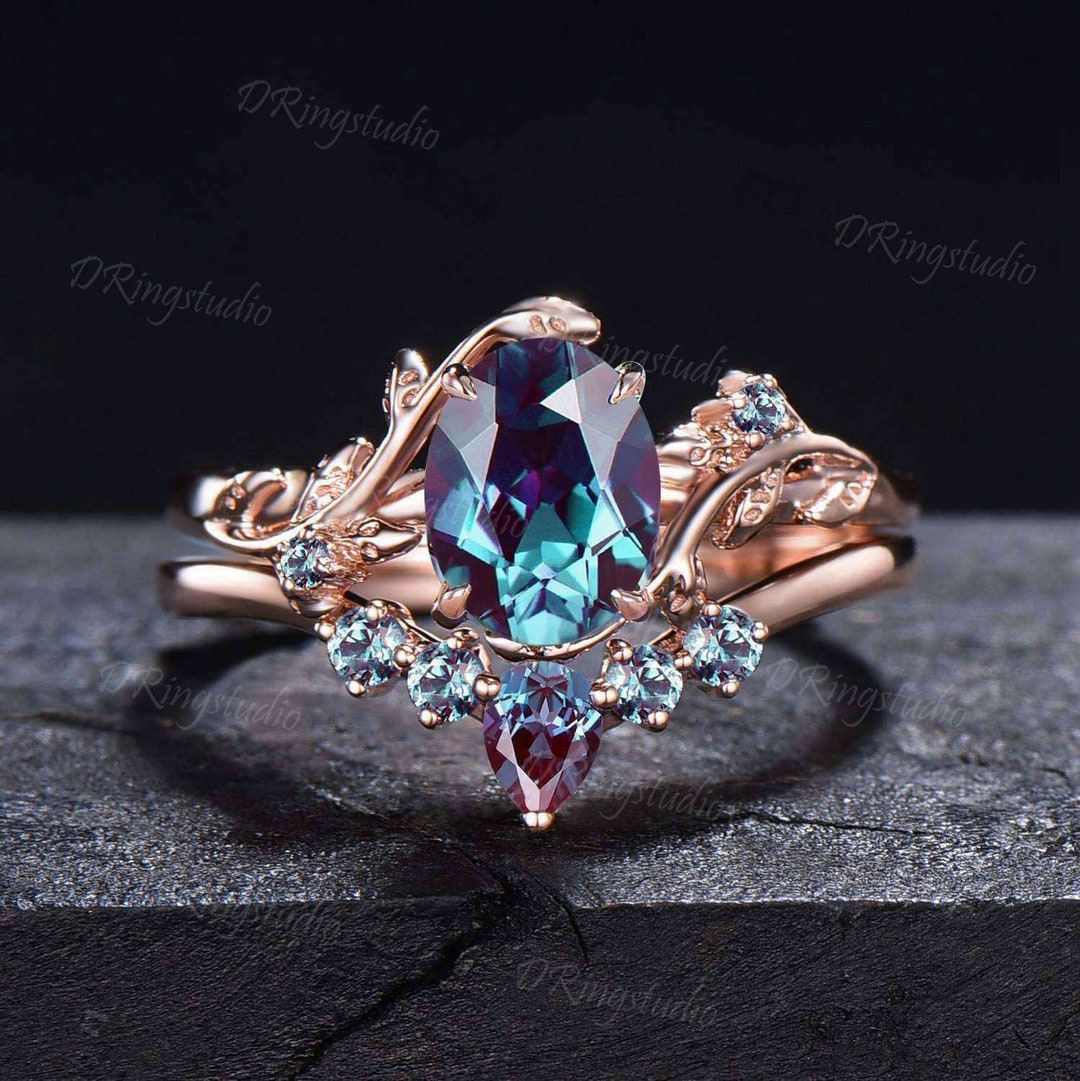 1.5ct Oval Alexandrite Ring Set Nature Inspired Alexandrite Engagement ...