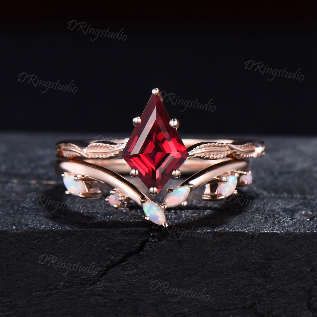 Nature Inspired Kite Cut Ruby Ring Set Vintage Branch Leaf July ...