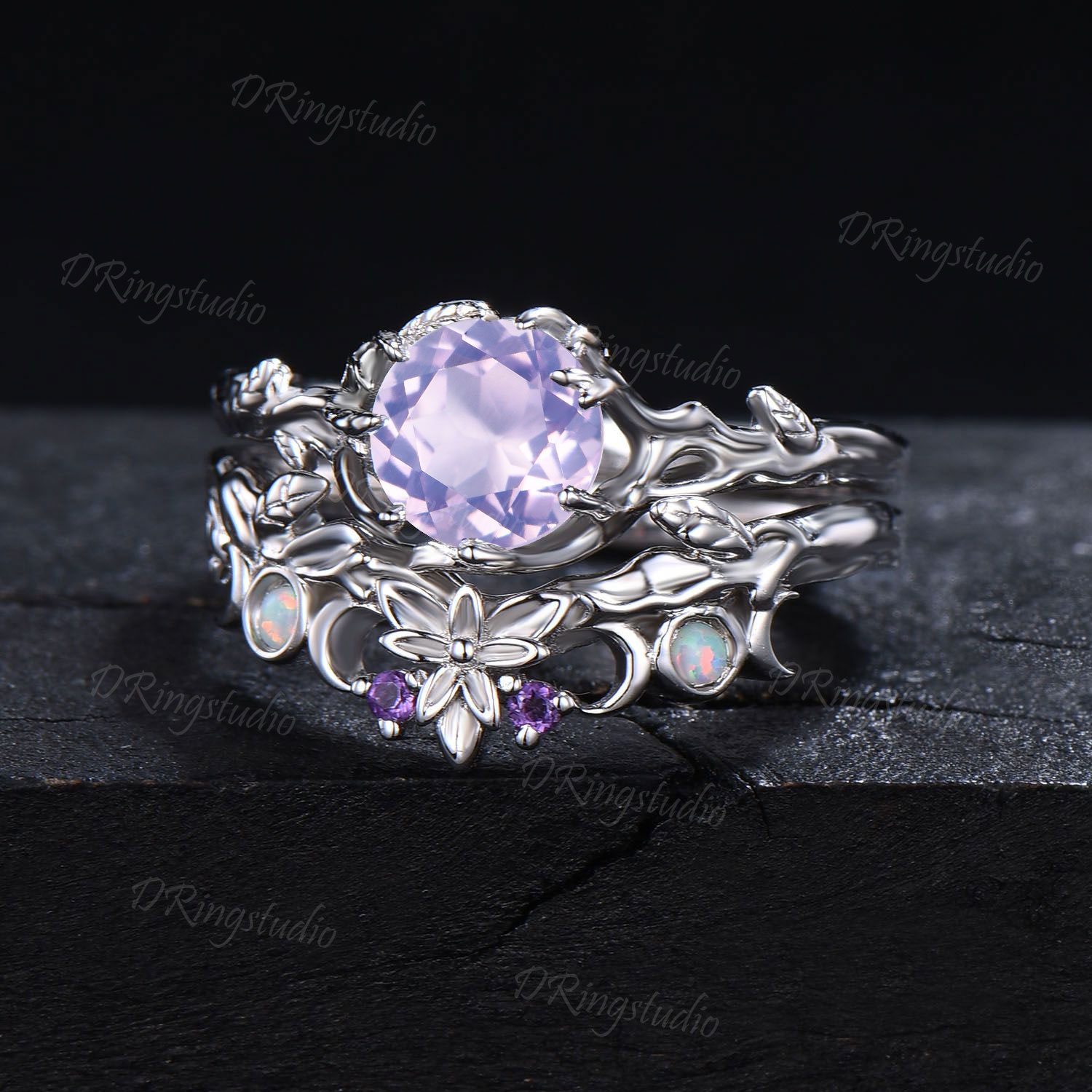 Vintage Round Natural Lavender Amethyst Engagement Ring Leaf Textured ...