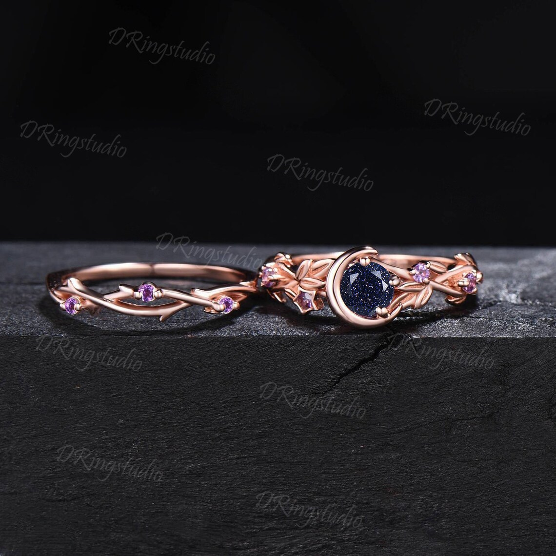 Moon Star Design Galaxy Blue Sandstone Engagement Ring Set Twig Leaf ...