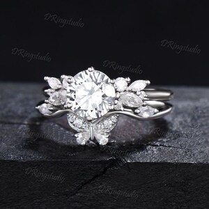 Butterfly Engagement Ring Set Round Moissanite Bridal Set Solid Gold ...