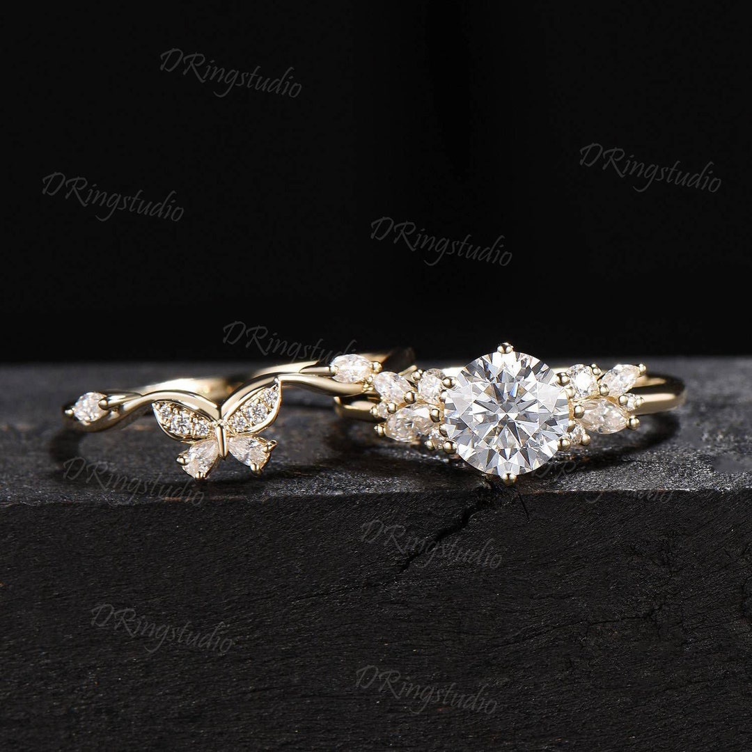 Butterfly Engagement Ring Set Round Moissanite Bridal Set Solid Gold ...