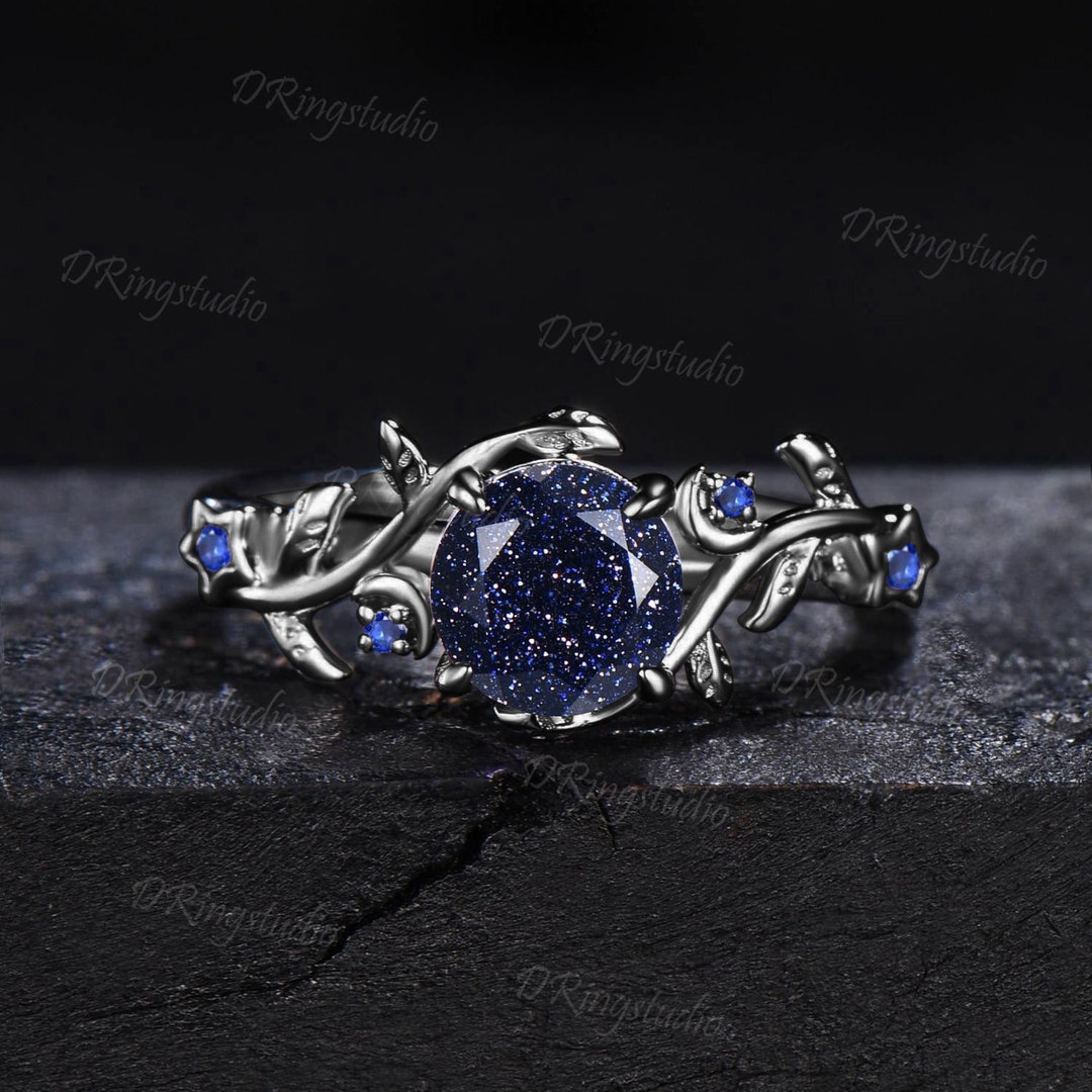 Black Gold Starry Sky Blue Sandstone Ring Branch Leaf Round Blue ...