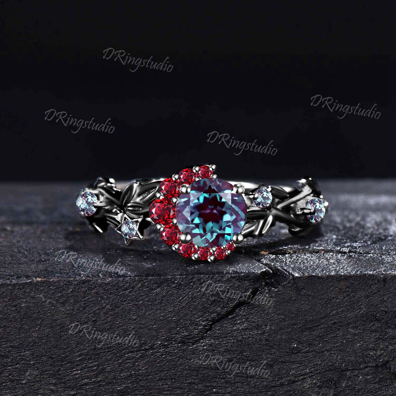 Nature Inspired Alexandrite Ring Black Gold Ruby Cluster Engagement ...