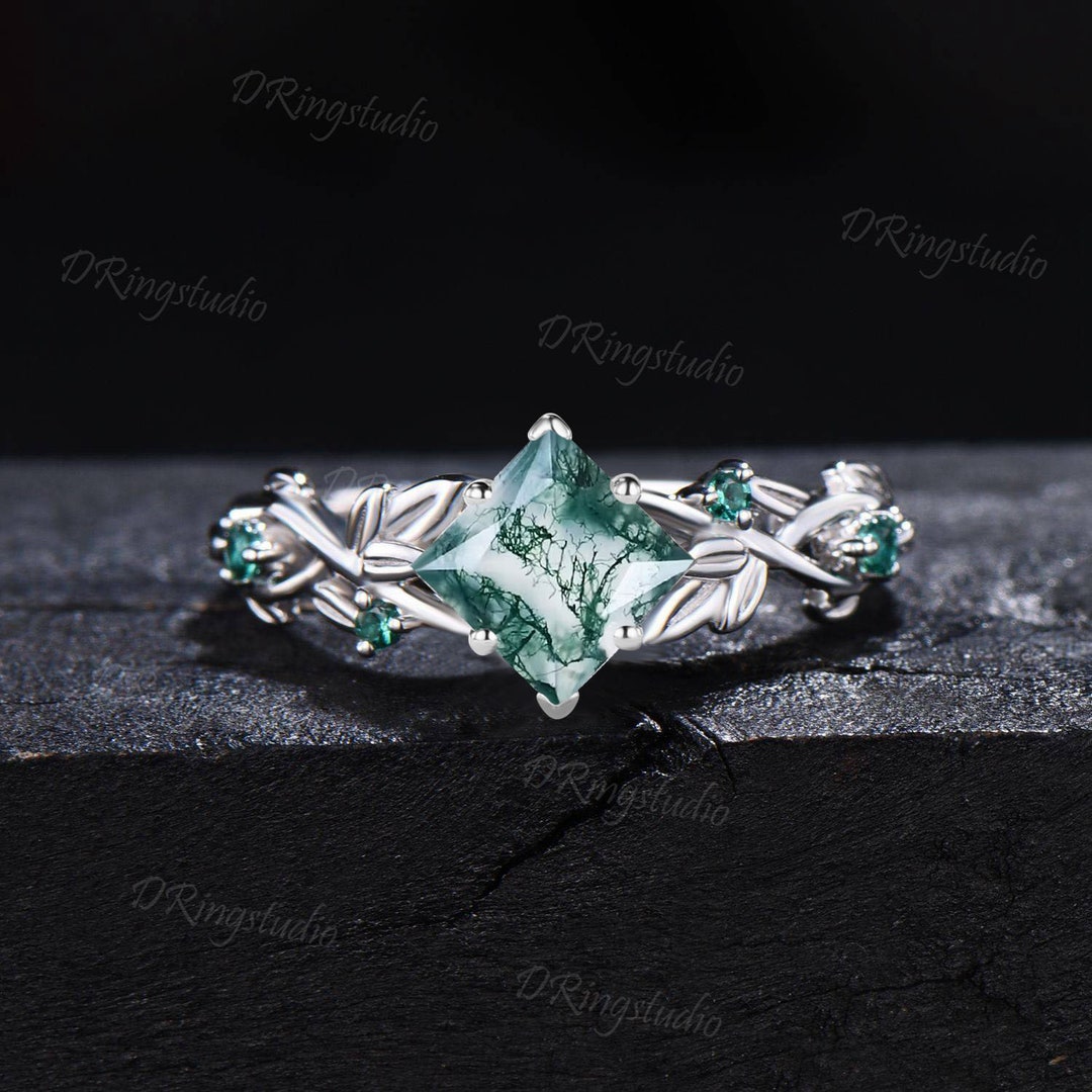 Princess Cut Moss Agate Engagement Ring 14k White Gold Twig Twist ...