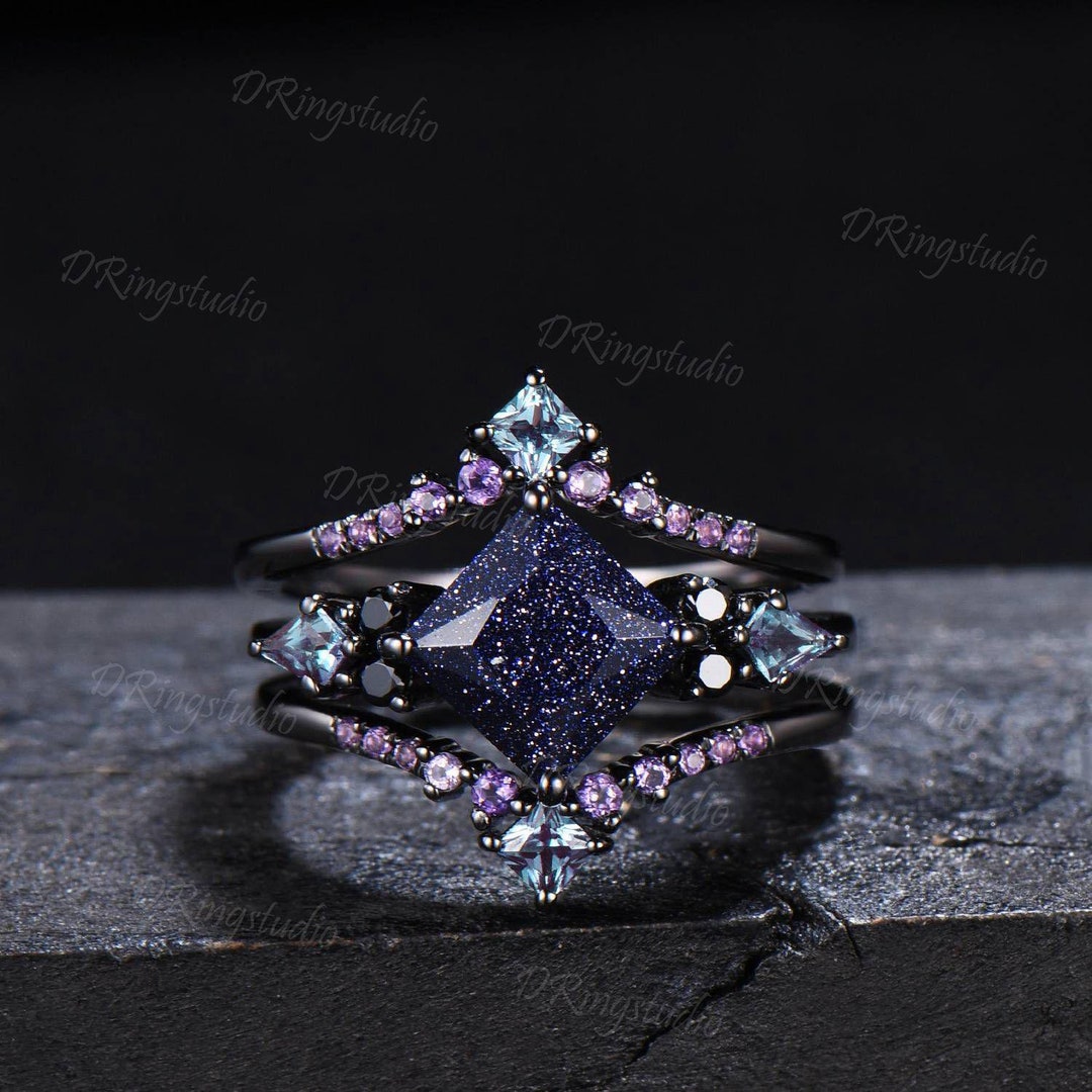 3pcs Starry Sky Blue Sandstone Ring Set Black Gold 2ct Princess Cut ...