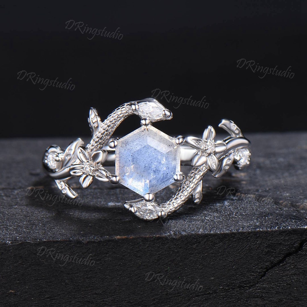 Vintage Hexagon Cut Labradorite Engagement Ring Floral Moissanite ...