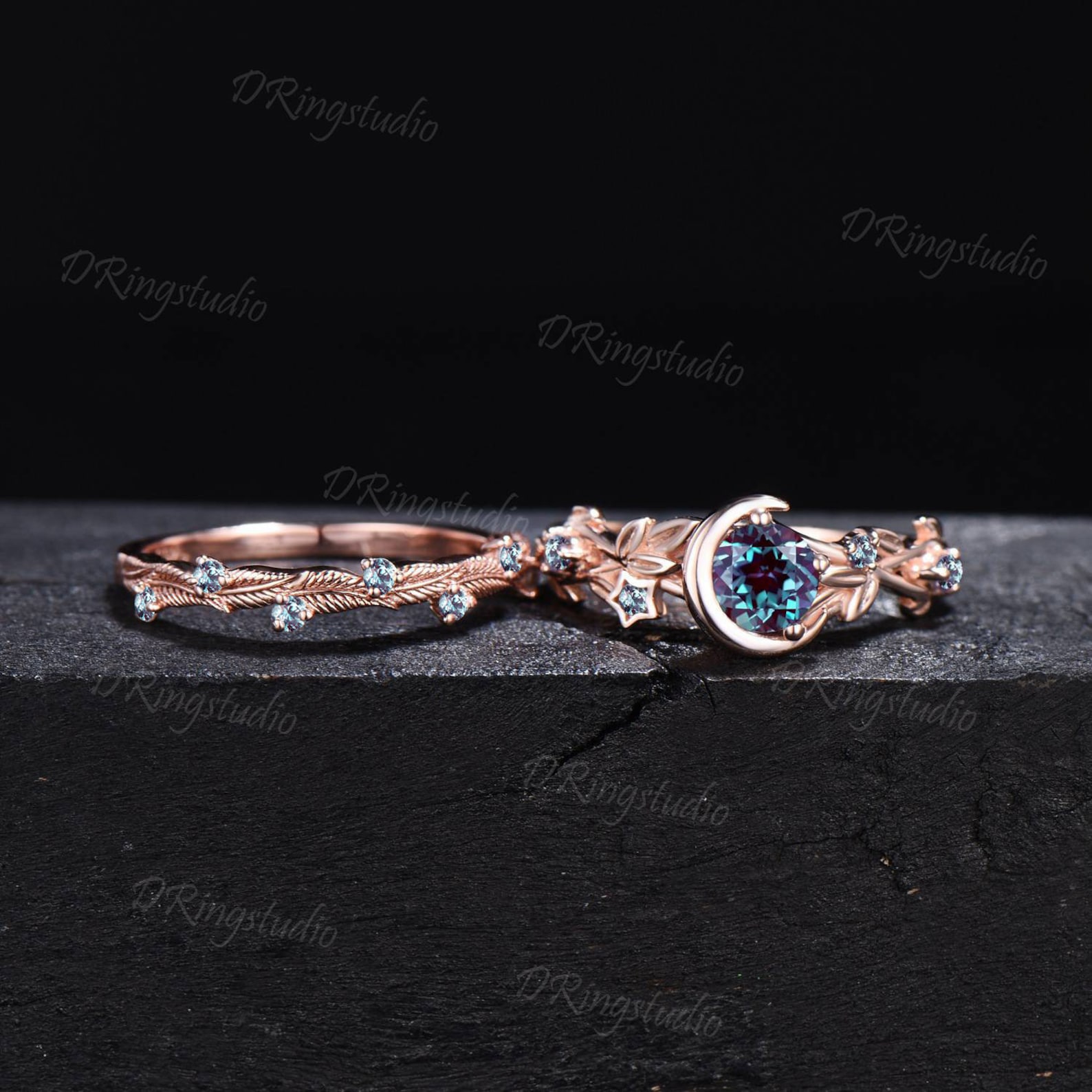 Nature Inspired Color-change Alexandrite Engagement Ring Moon Star ...