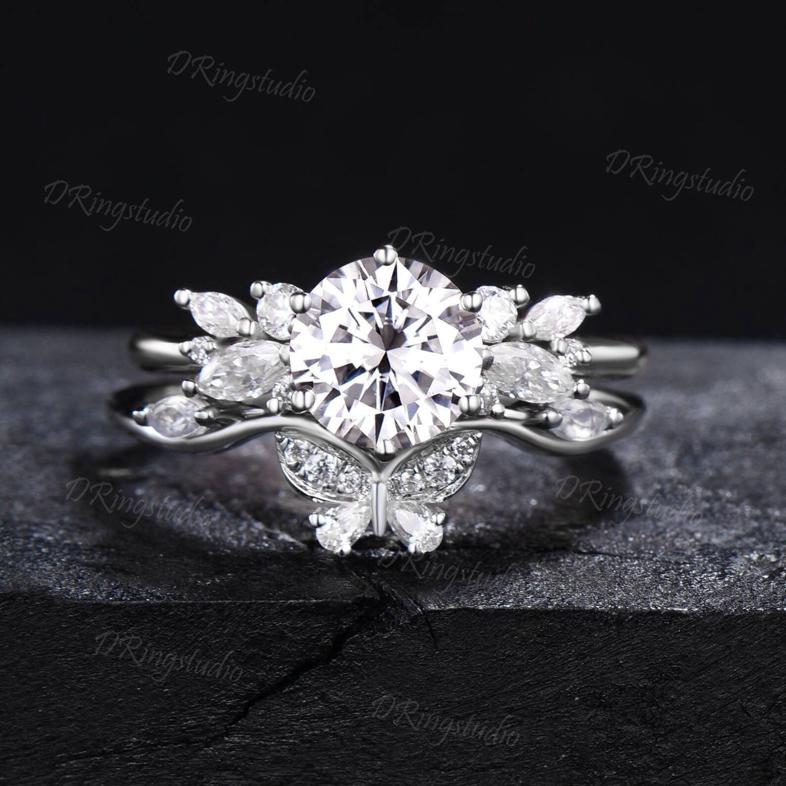 Butterfly Engagement Ring Set Round Moissanite Bridal Set Solid Gold ...