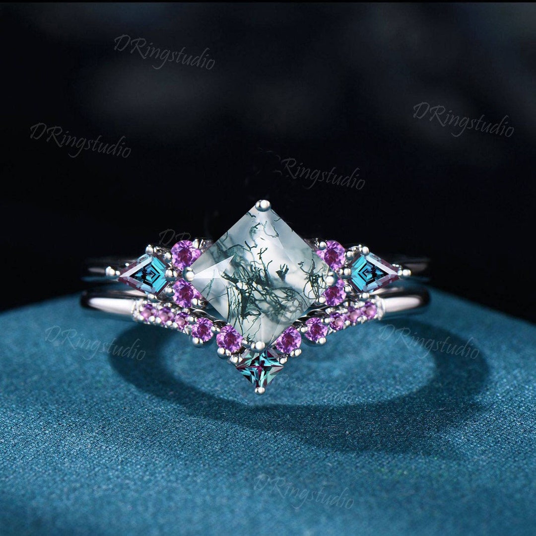 Unique Princess Cut Green Moss Agate Engagement Ring 7 Stone Natural ...
