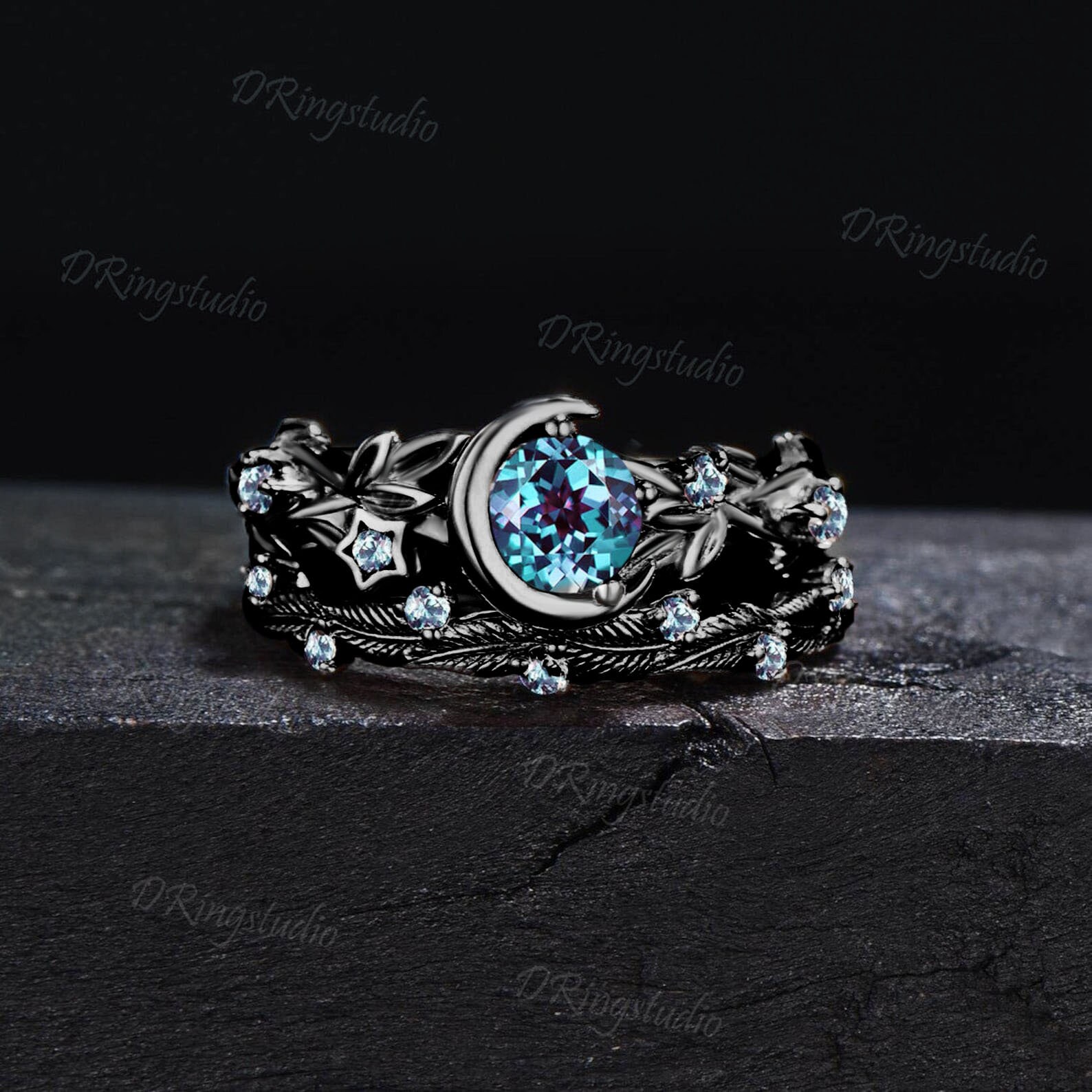 Nature Inspired Color-change Alexandrite Engagement Ring Moon Star ...