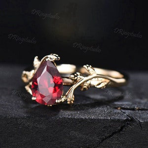 1.25ct Pear Shaped Ruby Gemstone Jewelry 14K Yellow Gold Twig Leaf Ruby ...