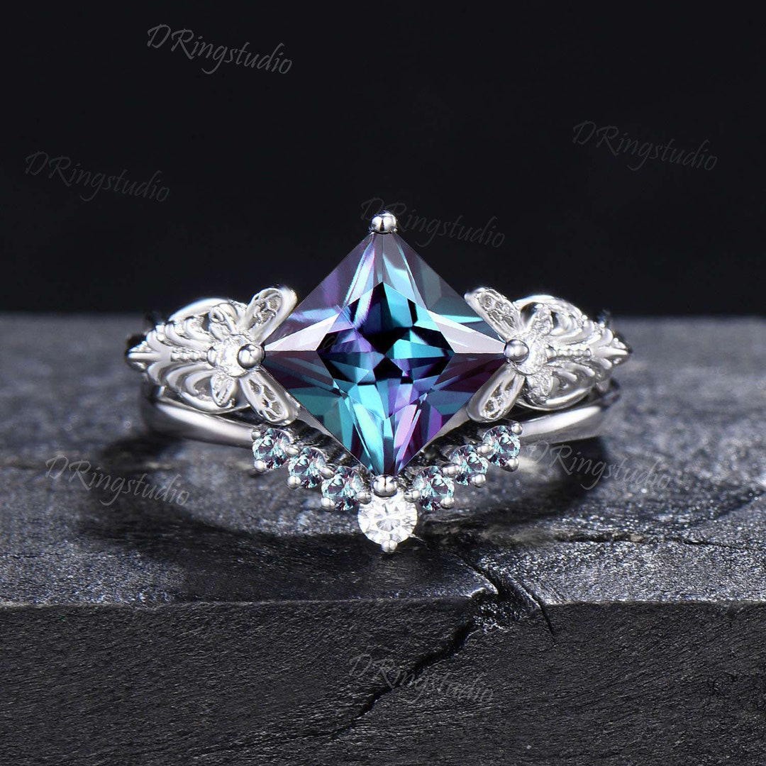 Butterfly Alexandrite Engagement Ring Set 1.2CT/2CT/3CT Princess Cut ...