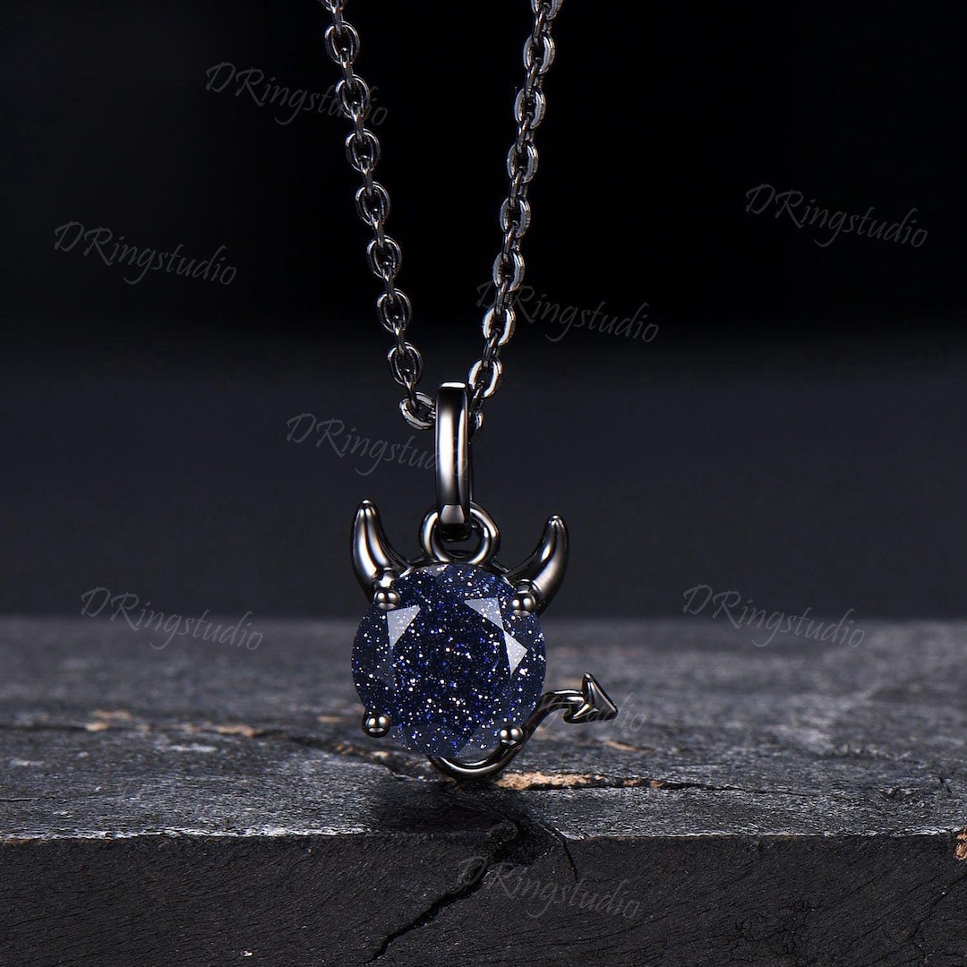 Gothic Black Gold Cute Devil Necklace Round Blue Sandstone Devil ...