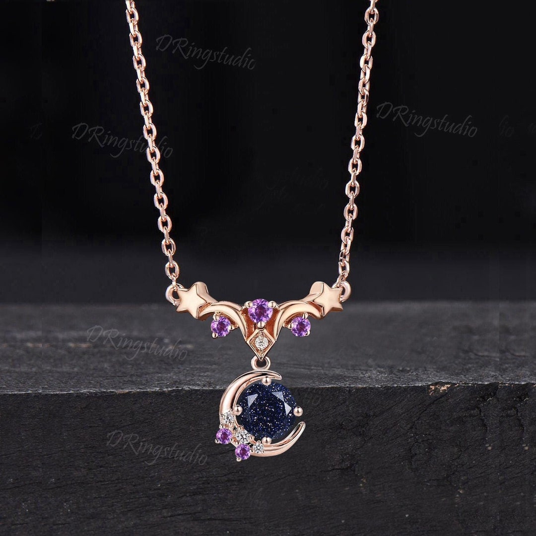 Celestial Moon Starry Sky Round Blue Sandstone Necklace Moon Star ...