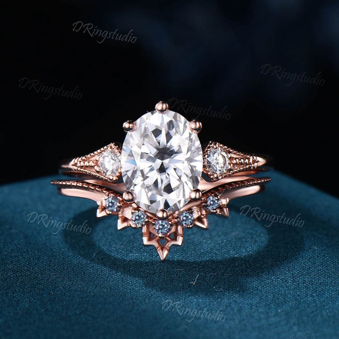 Unique Moissanite Engagement Ring Vintage Three Stone Rose Gold ...