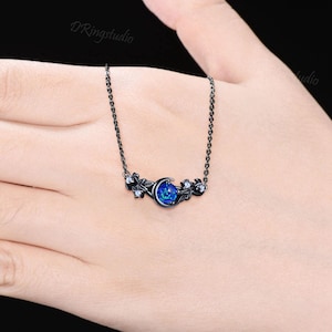 Unique Moon Star Design Blue Opal Pendant Necklace Gothic Black Gold ...