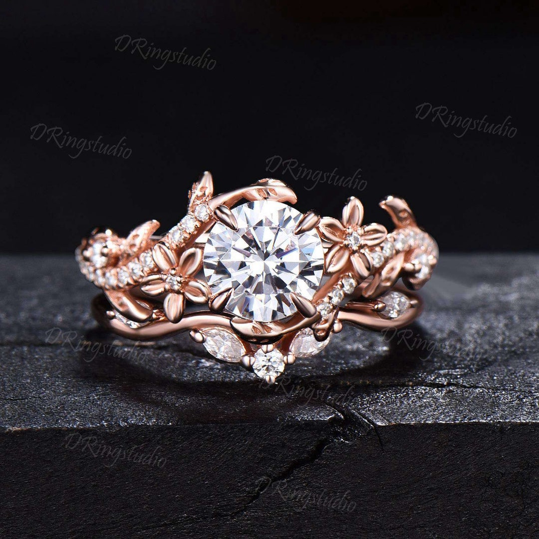 Garden Inspired Round Moissanite Engagement Ring Set 1ct Rose Gold ...