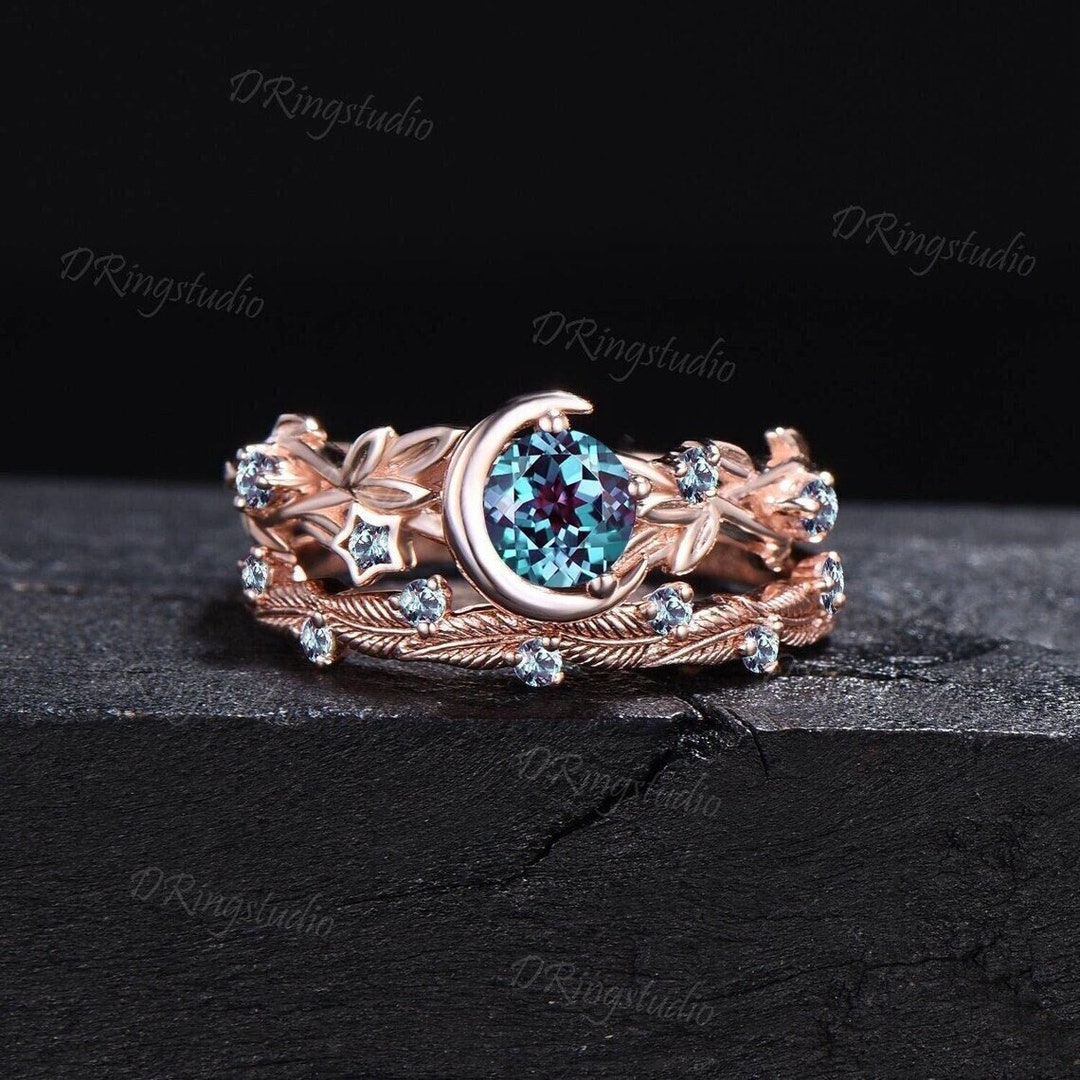 Nature Inspired Color-change Alexandrite Engagement Ring Moon Star ...