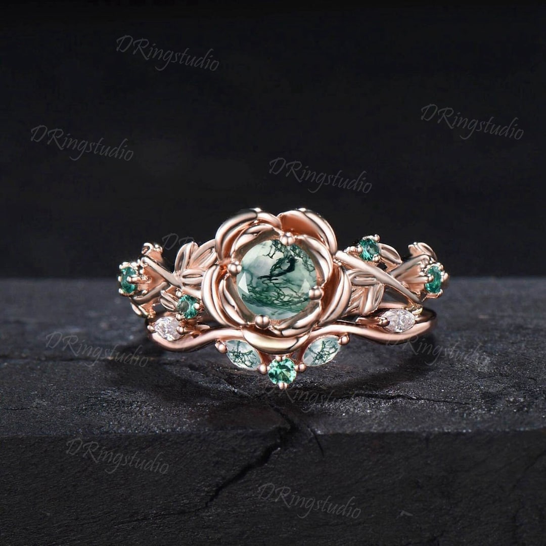 Rose Flower Shaped Ring 5mm Round Green Emerald Wedding Ring Set 10K ...