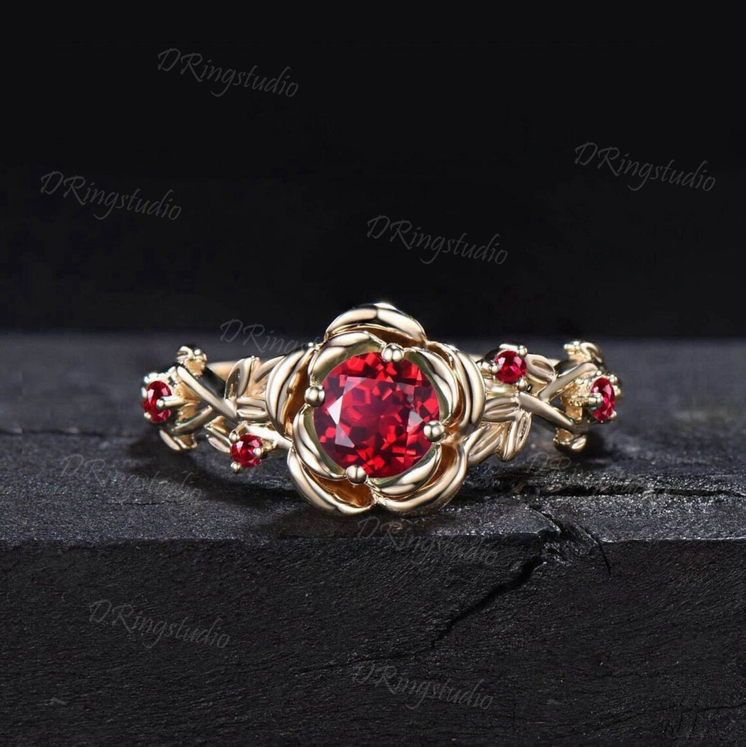 5mm Round Ruby Engagement Ring 14K Yellow Gold Twig Leaf Rose Flower Red Ruby Engagement Rings ...