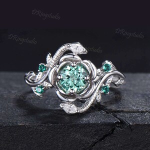 Gold Snake Engagement Ring Rose Flower Round Green Sapphire Wedding ...