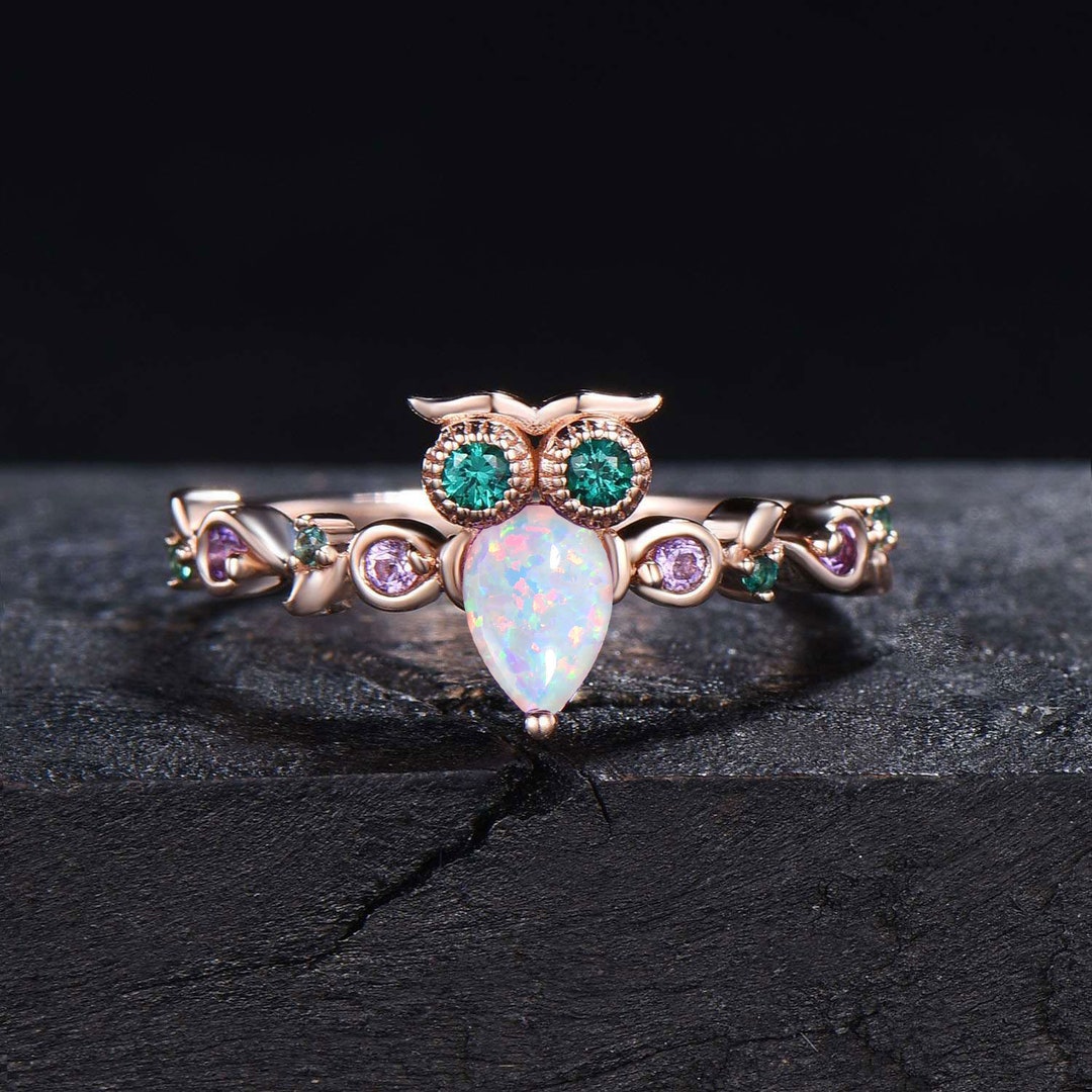 Gold Owl Engagement Ring Vintage Pear Cut Opal Ring Emerald Amethyst Wedding Ring October ...