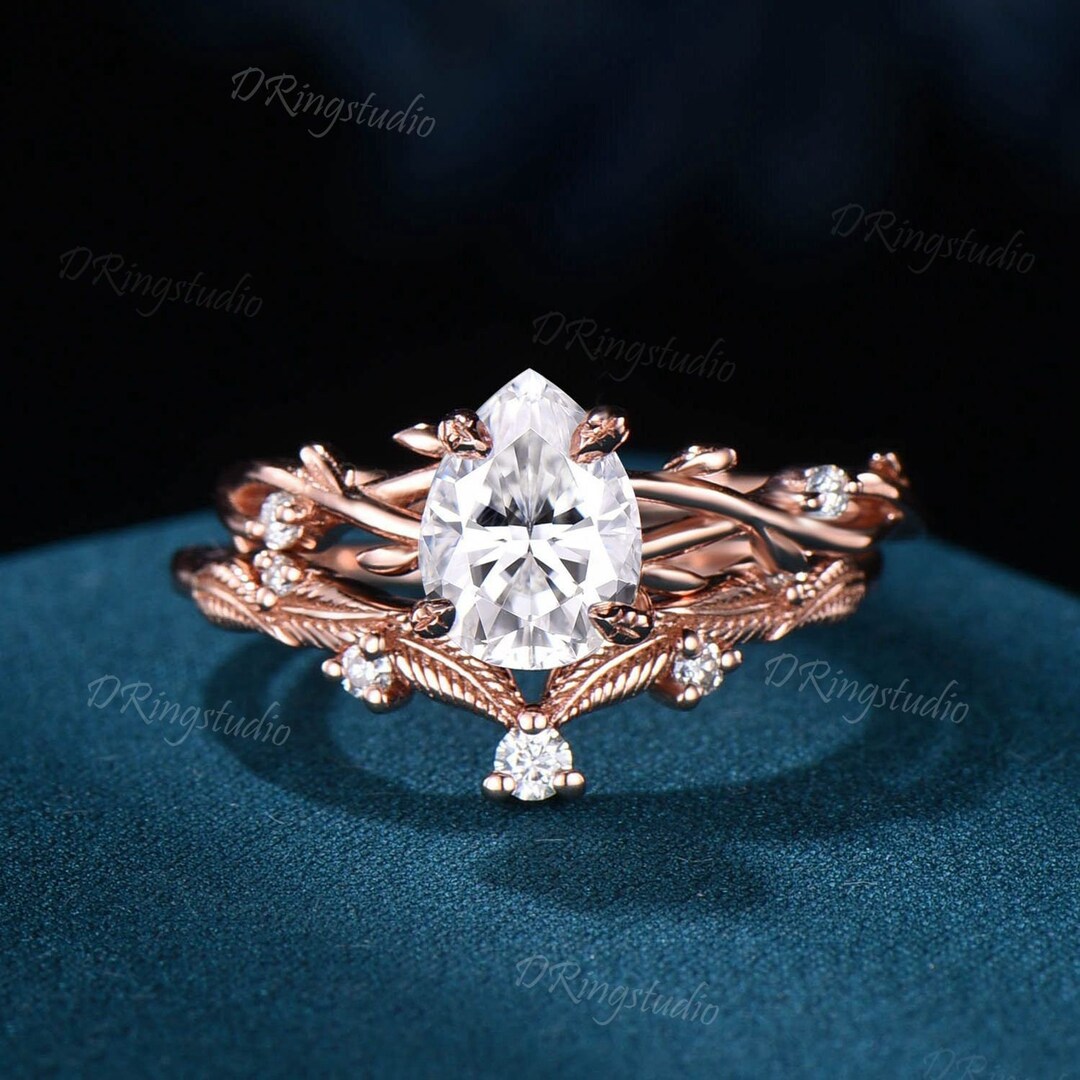 Nature Inspired Moissanite Engagement Ring Set Vintage Rose Gold Lead ...