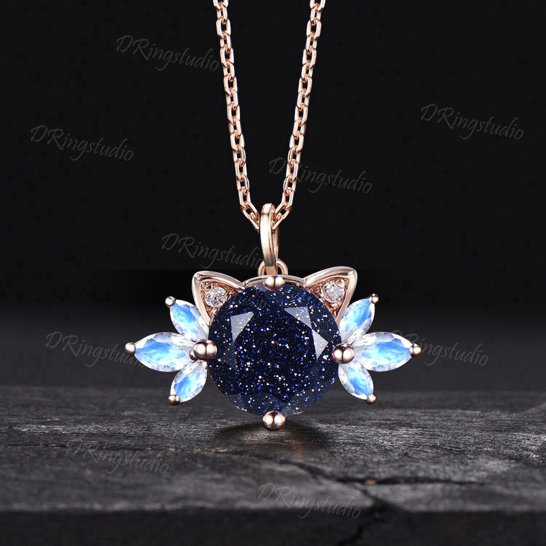 Cute Cat Round Blue Sandstone Necklace Unique Kitten Starry Goldstone ...