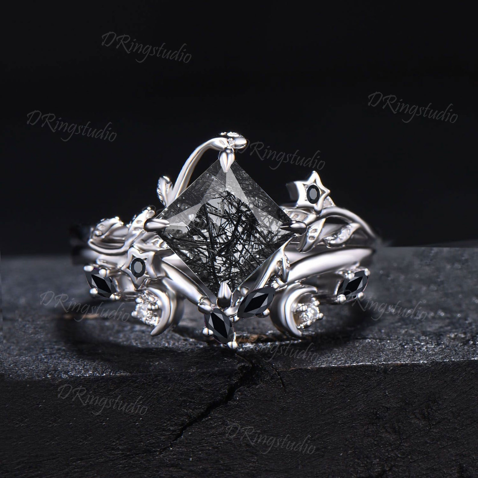Hexagon Cut Natural Black Rutilated Quartz Engagement Ring Set Moon ...