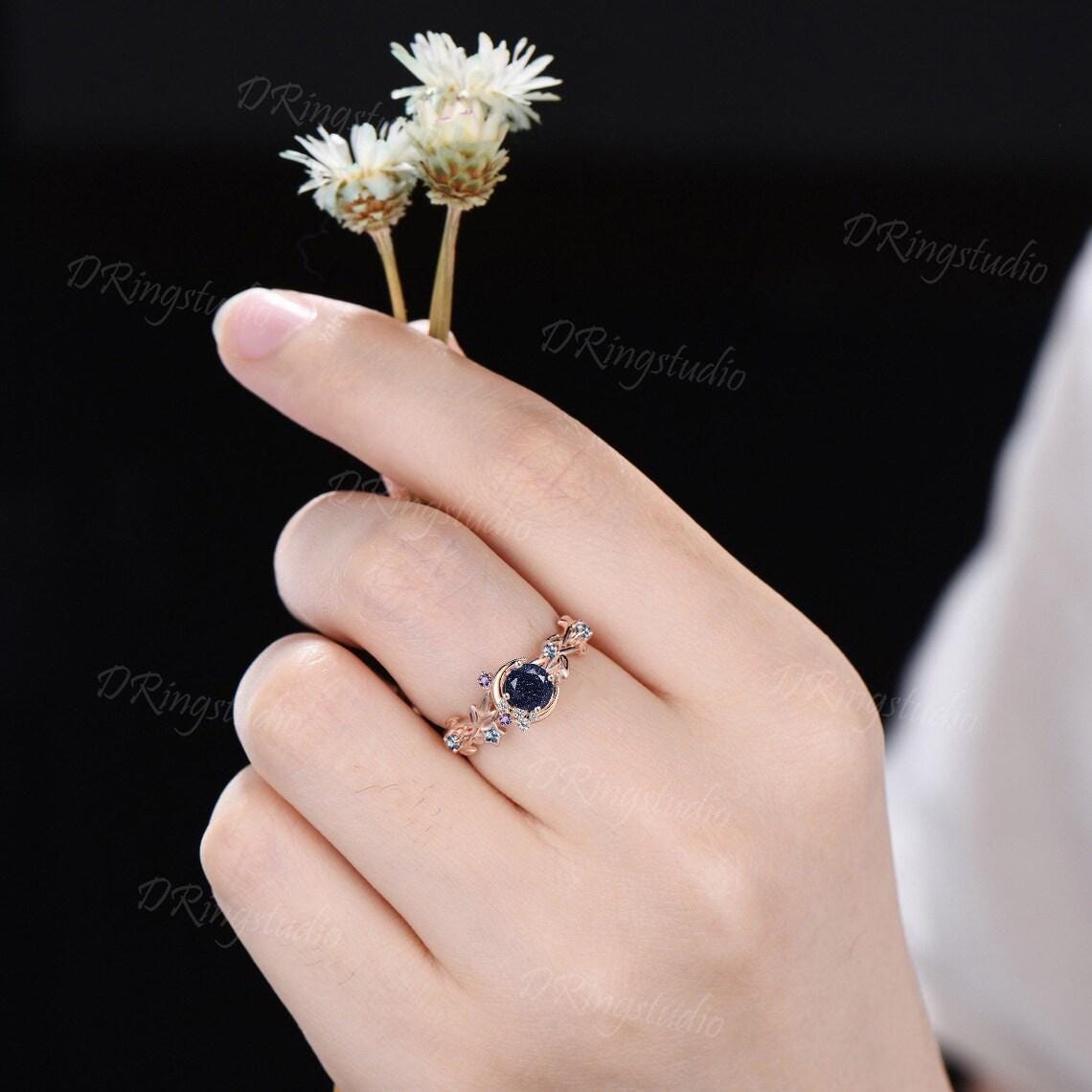 Nature Inspired Galaxy Blue Goldstone Engagement Ring Moon Star Design ...