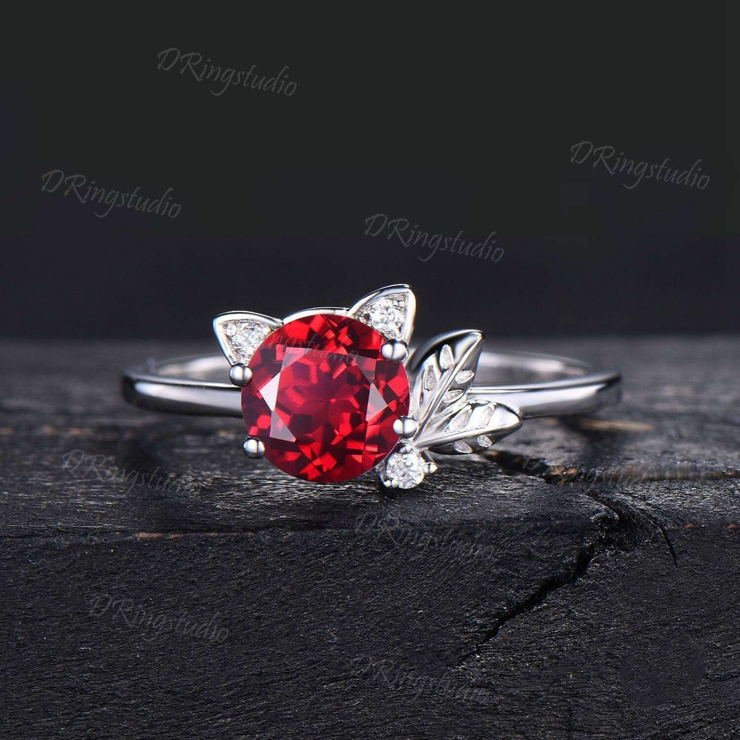 Cat Design Round Ruby Ring Unique Cat Ruby Moissanite Wedding Ring ...