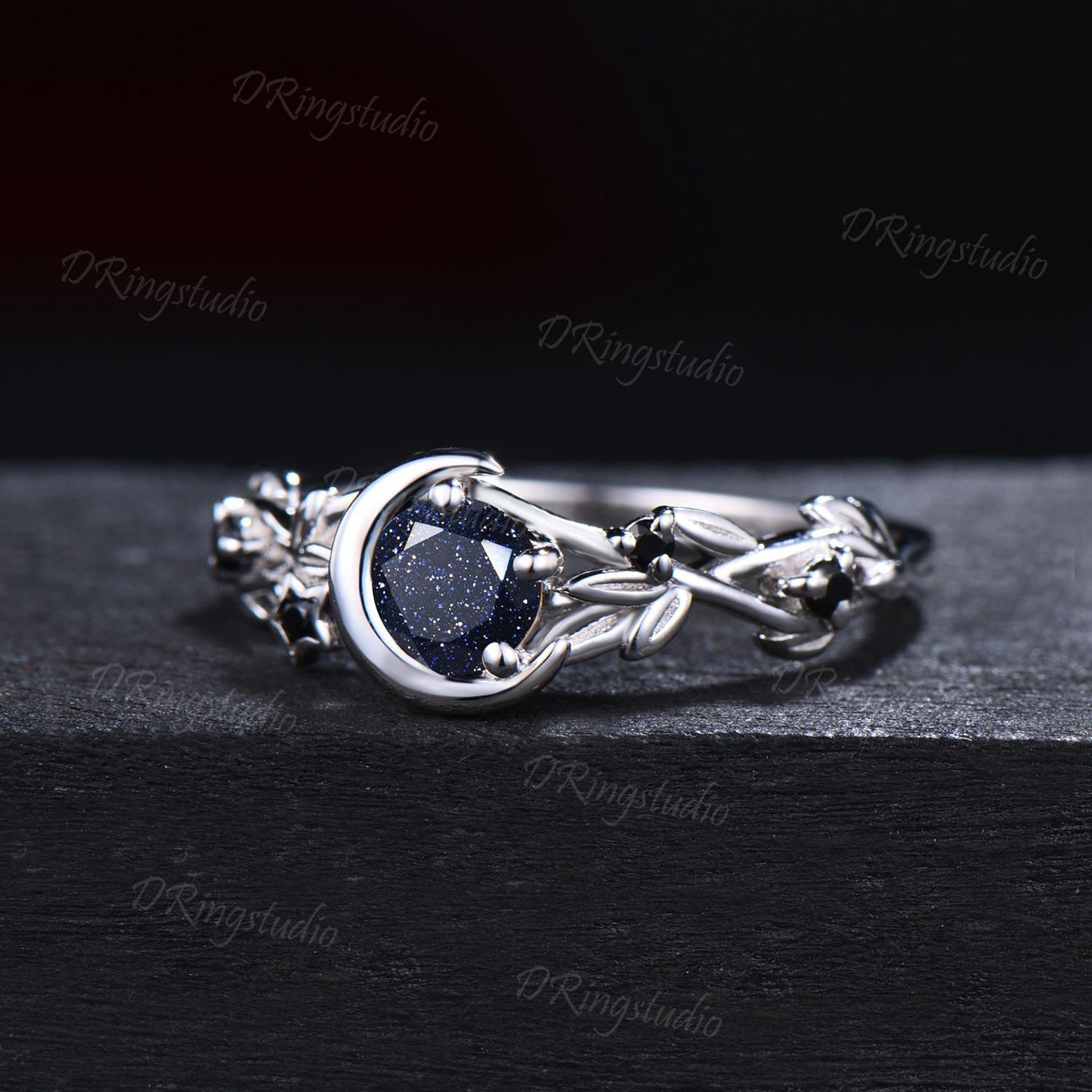 Nature Inspired Galaxy Blue Goldstone Engagement Ring Moon Star Design ...