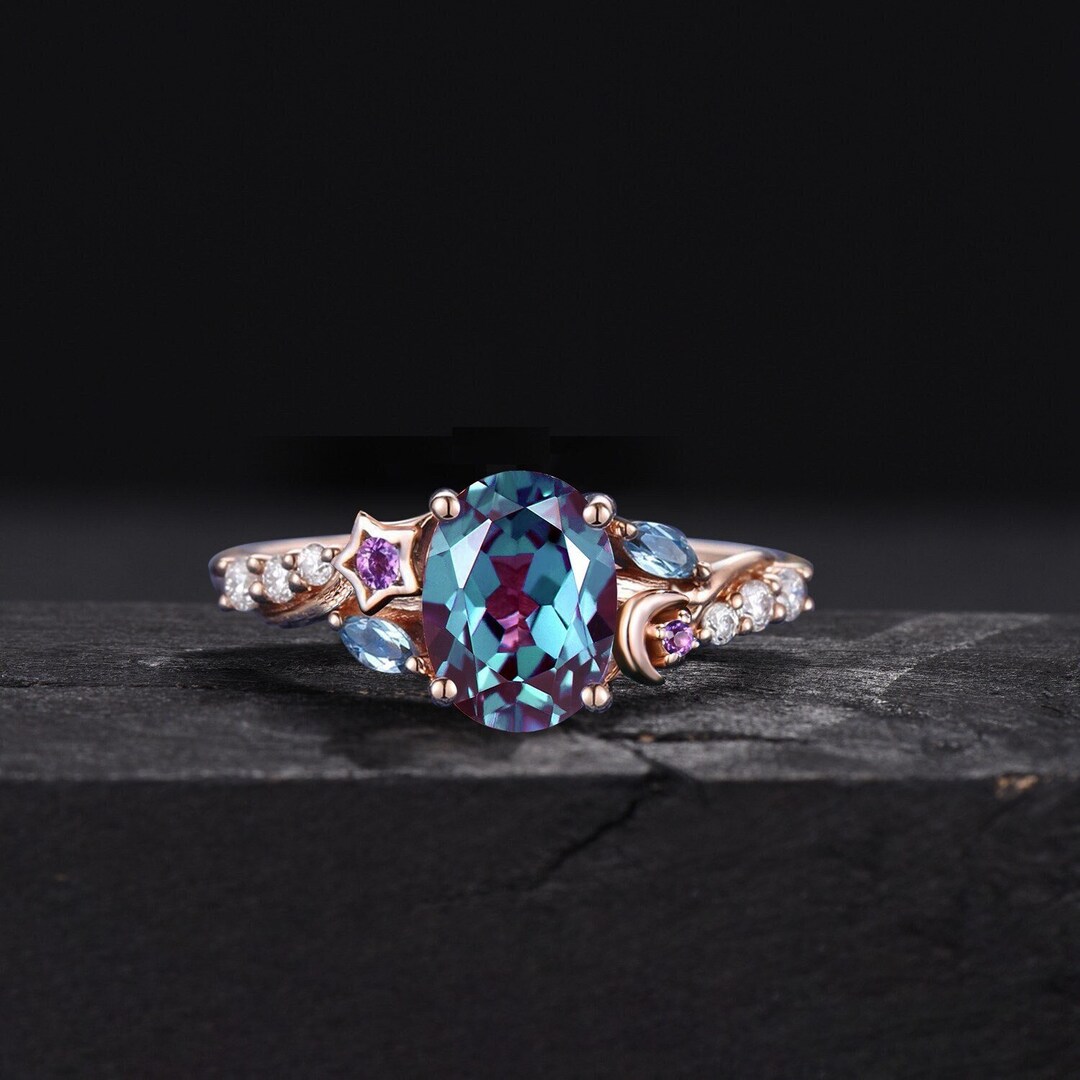 Moon Star Design Alexandrite Engagement Ring Antique Oval Alexandrite ...