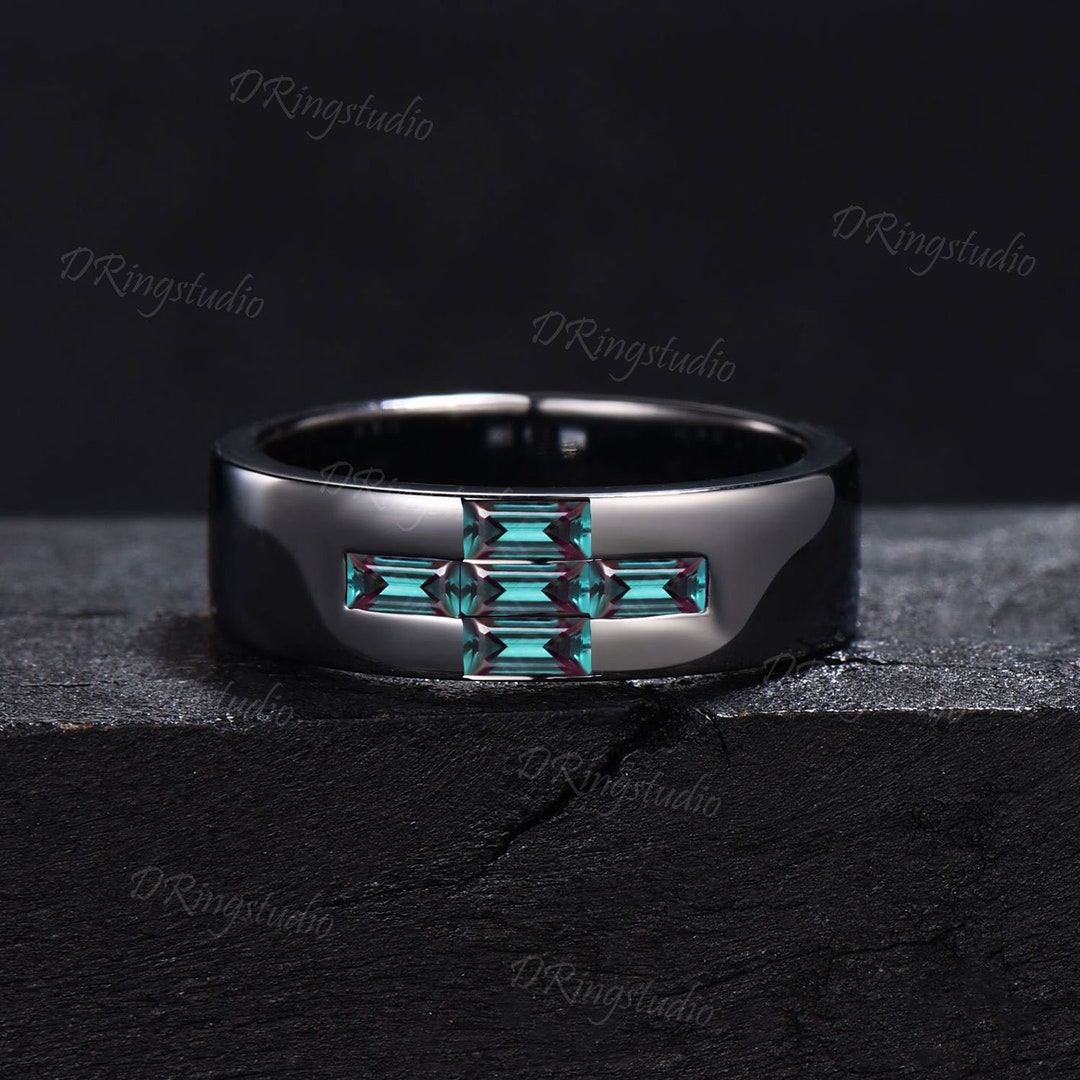 Tension Set Ring Mens Alexandrite Wedding Band Black Gold Mens Cross ...