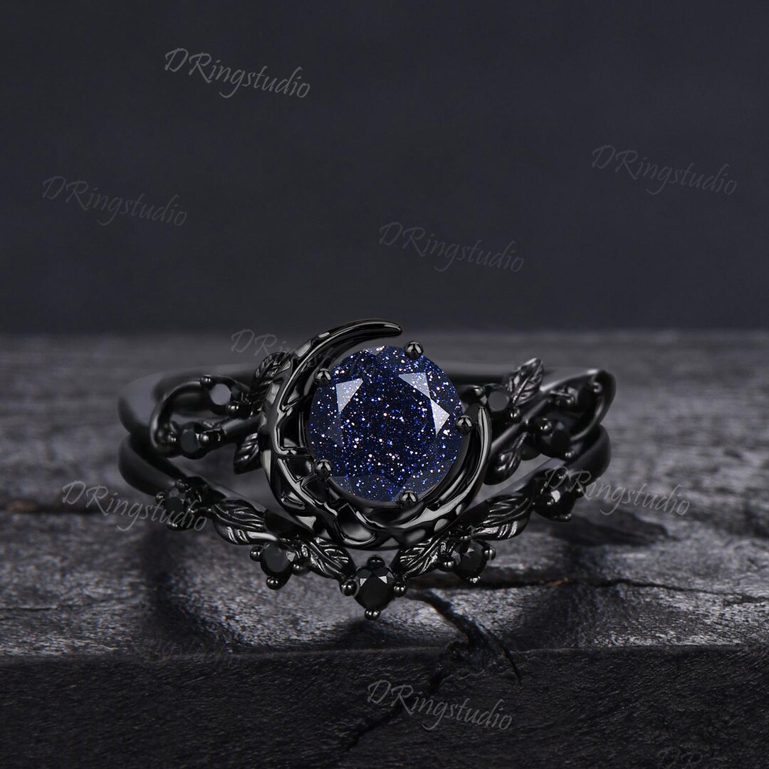 Black Gold Nebula Galaxy Ring Celestial Moon Blue Sandstone Engagement ...