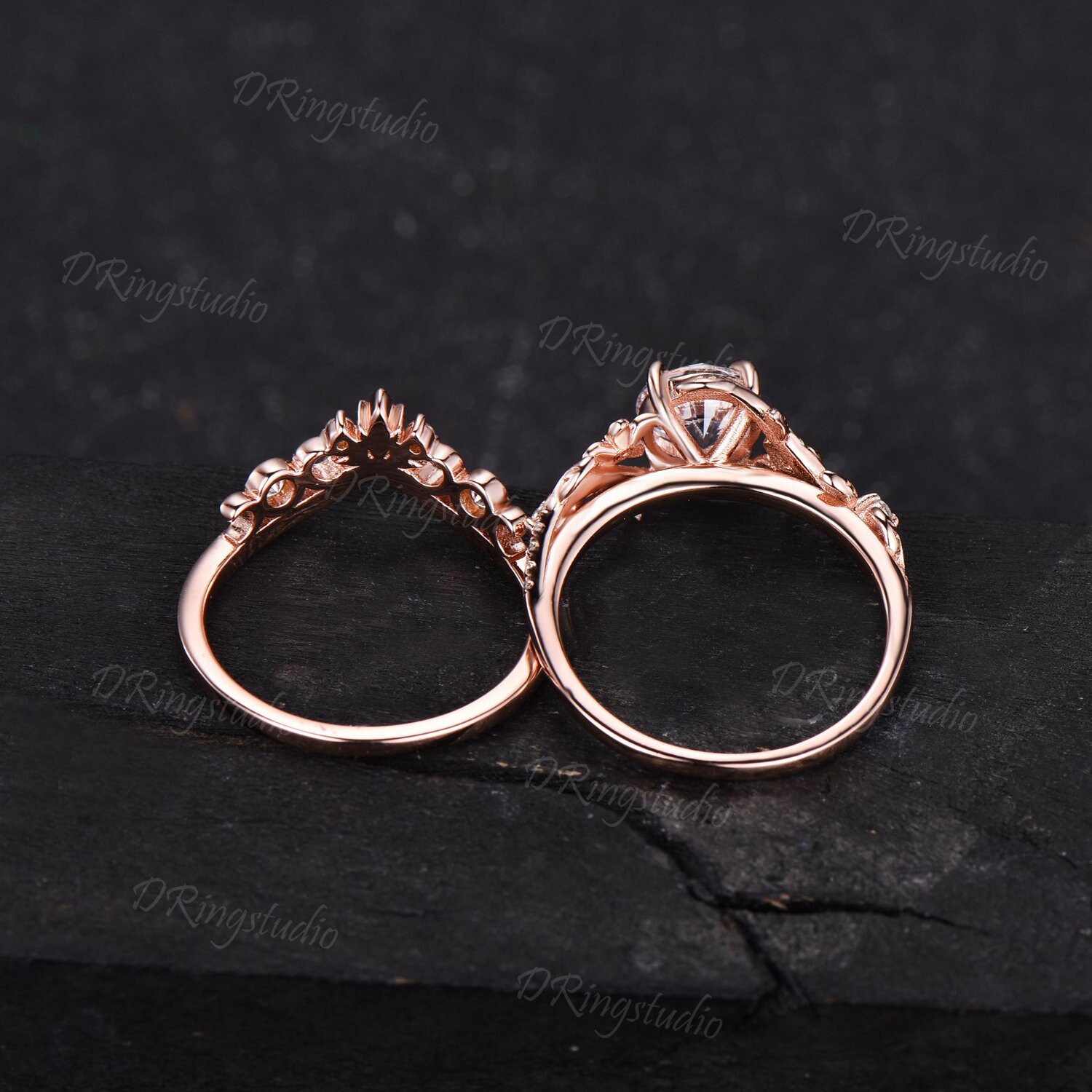 Natural Black Rutilated Quartz Ring Set Floral Kite Engagement Ring ...