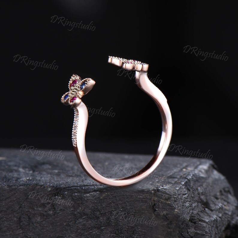 Art Deco Butterfly Wedding Band 14K Rose Gold Enhancer Guard Ring ...
