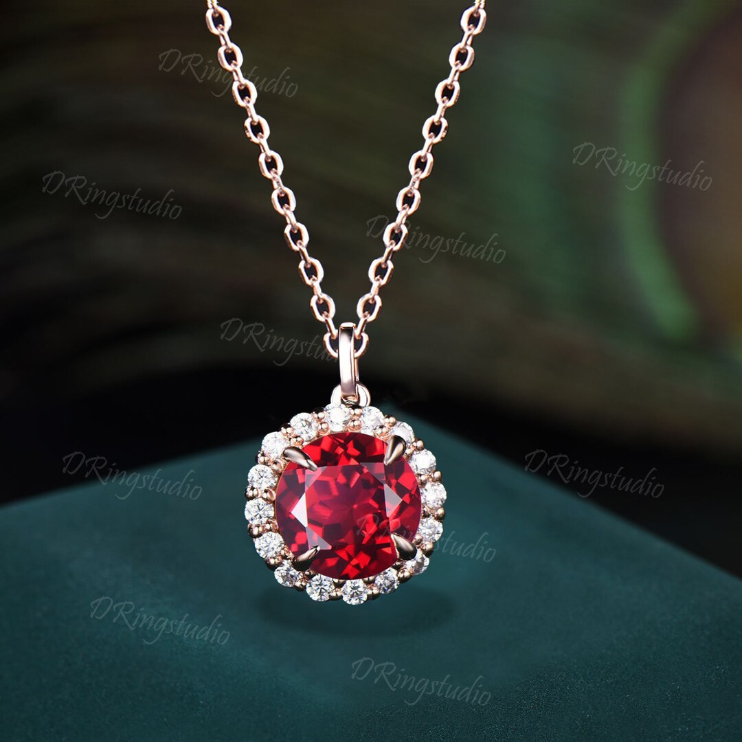 6.5mm Round Ruby Chain Necklace Rose Gold Moissanite Diamond Pendant ...