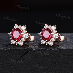 6.5mm Round Ruby Stud Earrings Art Deco Cluster Ruby Earrings Red Gemstone Bridal Earrings July ...