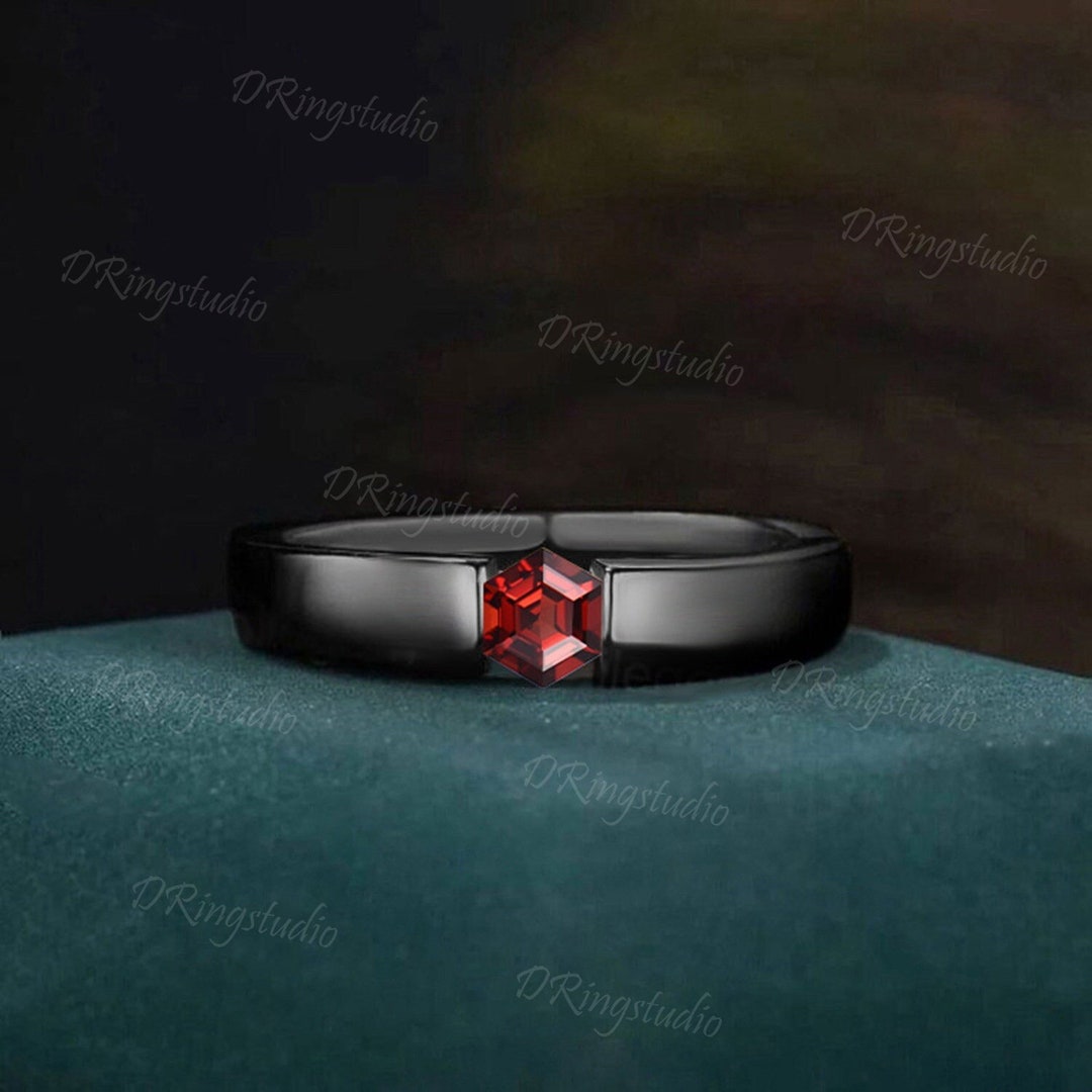 4mm Mens Ruby Wedding Band 14K Black Gold Hexagon Cut Ruby Engagement ...