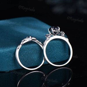 Nature Inspired Blue Sandstone Engagement Rings Set Twig Leaf Wedding Band Cluster Blue Sapphire ...