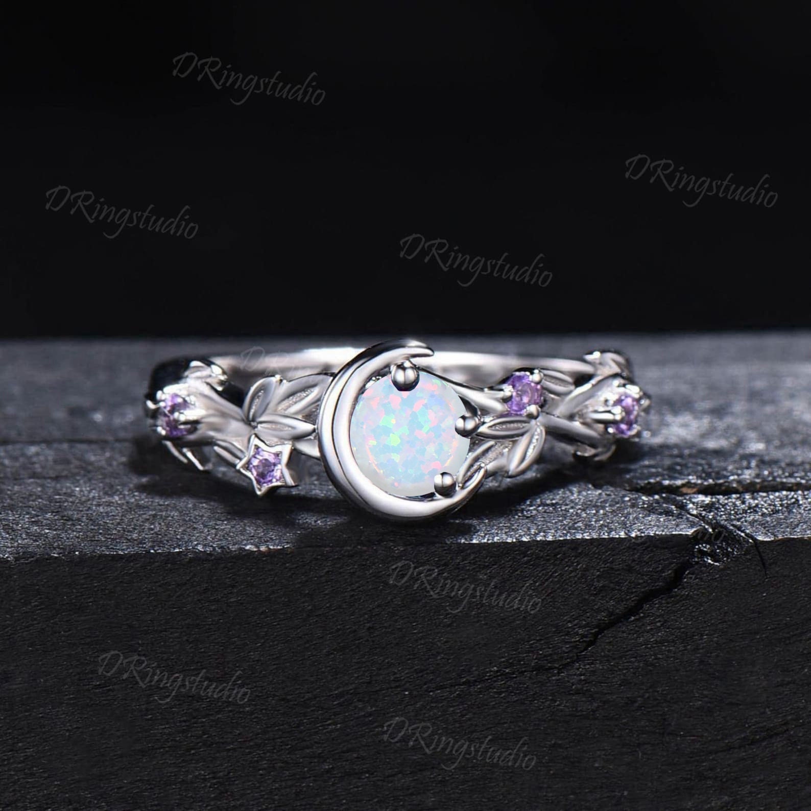 Nature Inspired Moon Star Design Amethyst Opal Engagement Ring Sterling ...