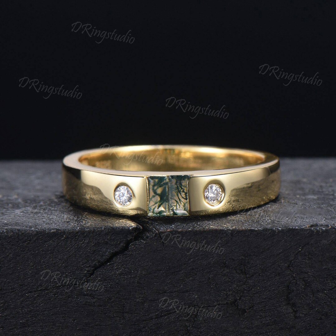 4mm Baguette Cut Moss Agate Mens Engagement Band 14k Solid Gold Flush ...