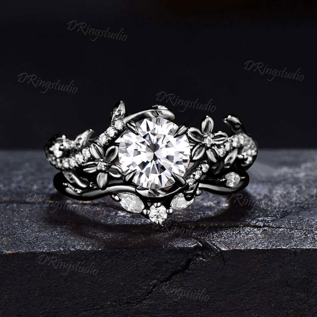 Gothic Black Gold Moissanite Engagement Ring Set Black Flower Promise ...