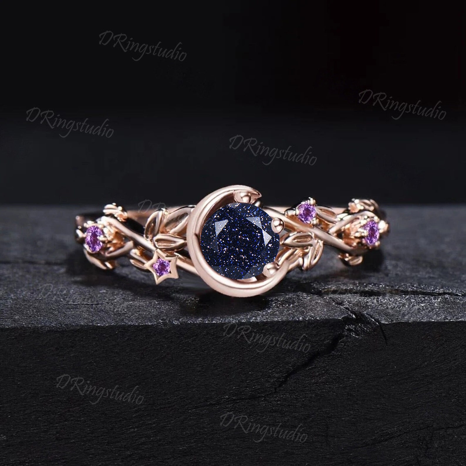 Nature Inspired Galaxy Blue Goldstone Engagement Ring Moon Star Design ...
