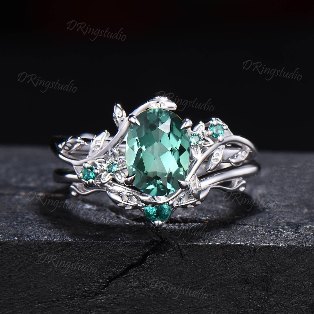 Nature Inspired Green Sapphire Emerald Floral Ring Set 1.5CT Oval Green ...
